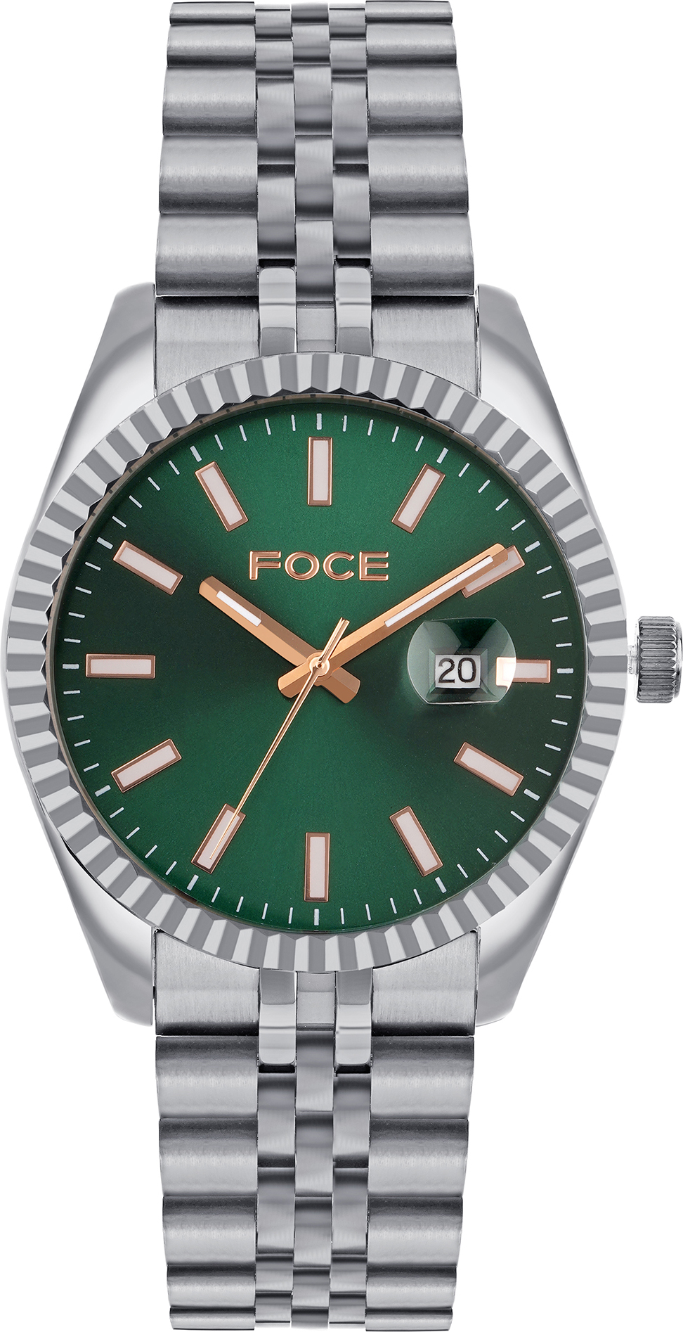 FOCE Silver Multifunction Wrist Watch for Men, Green Dial, Metal Strap ...